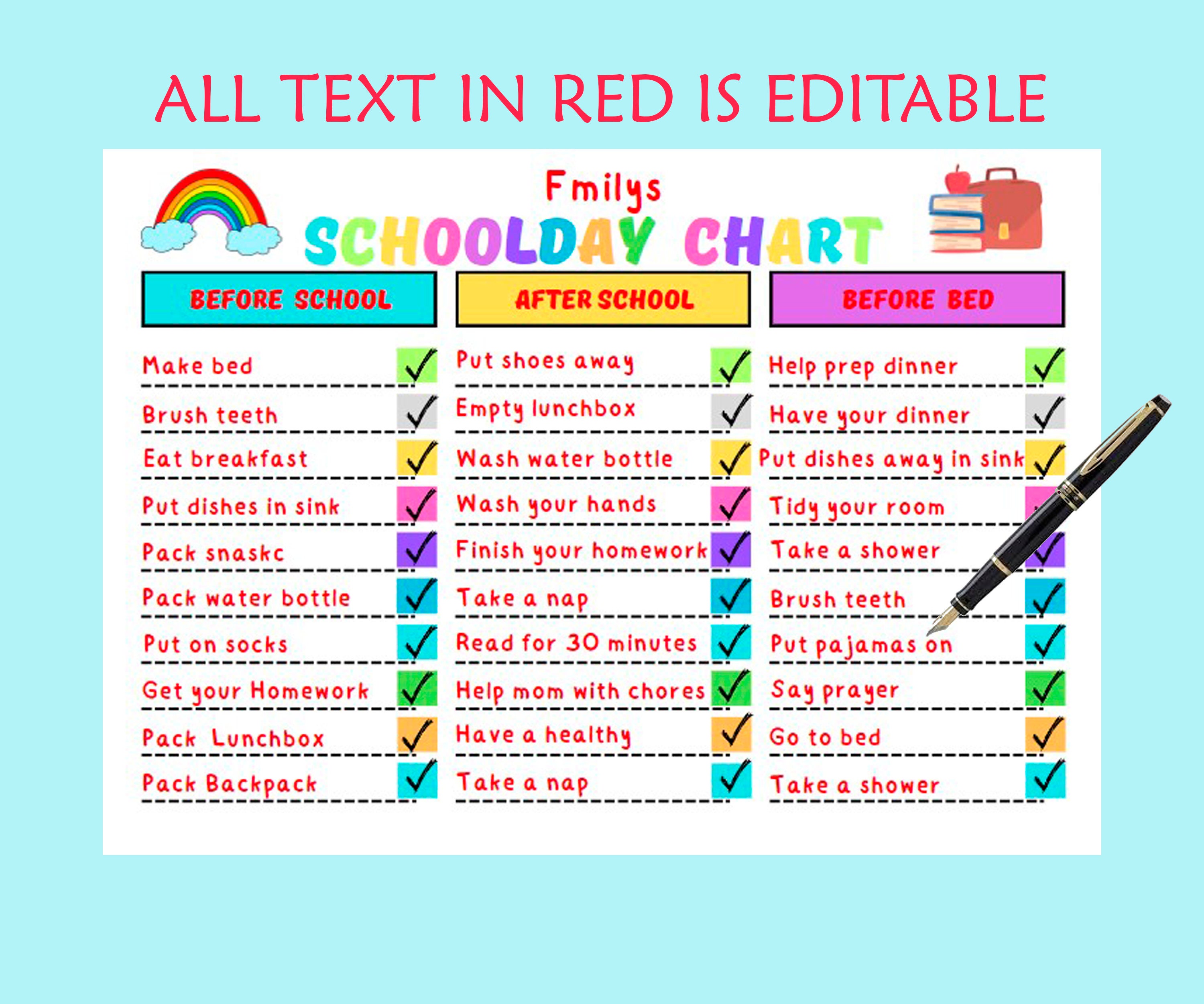 Kids Daily School Checklist Schedule Printable, Editable Chore Chart ...