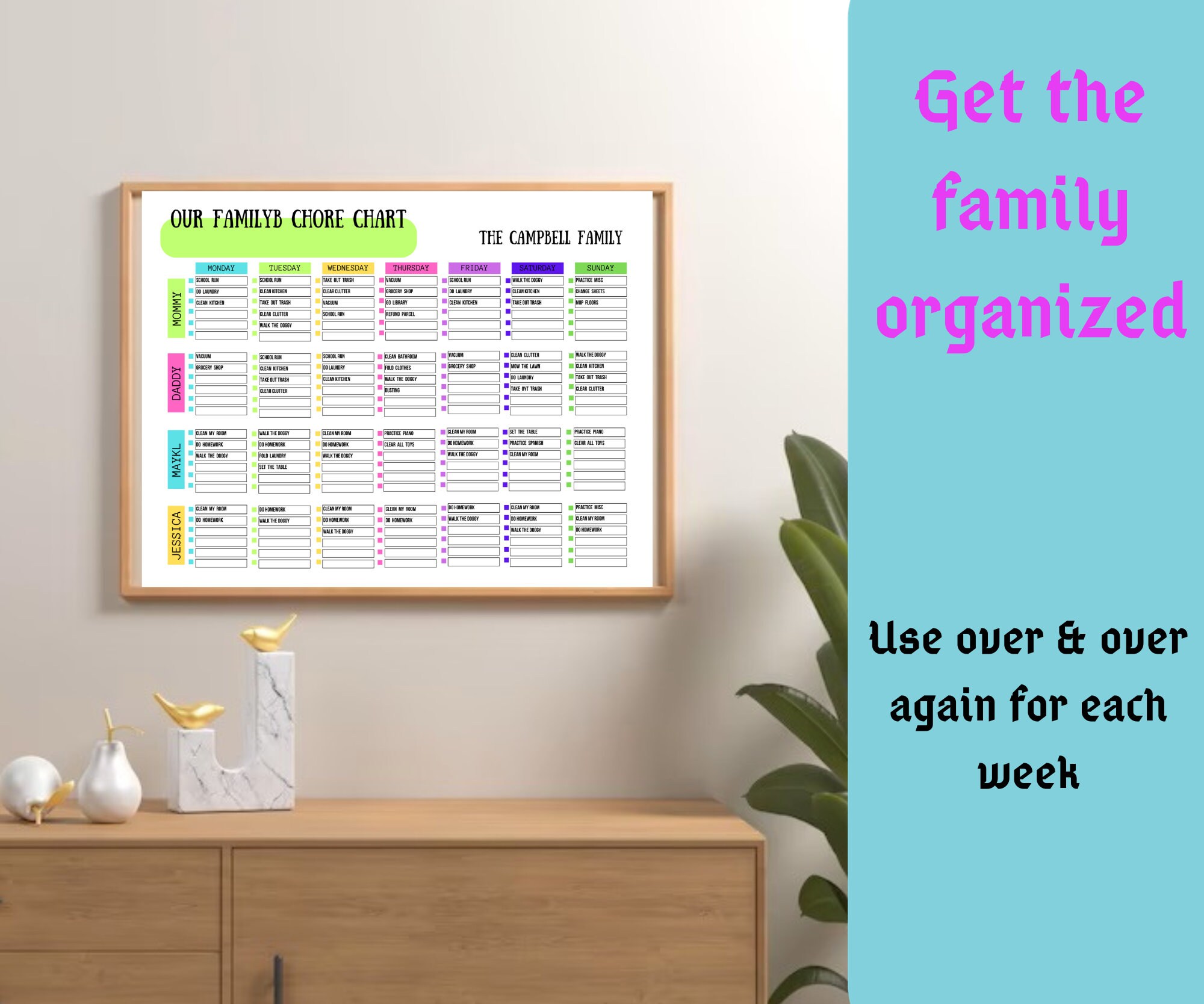 Family Chore Chart, Editable Family Planner Printable, Weekly Family ...