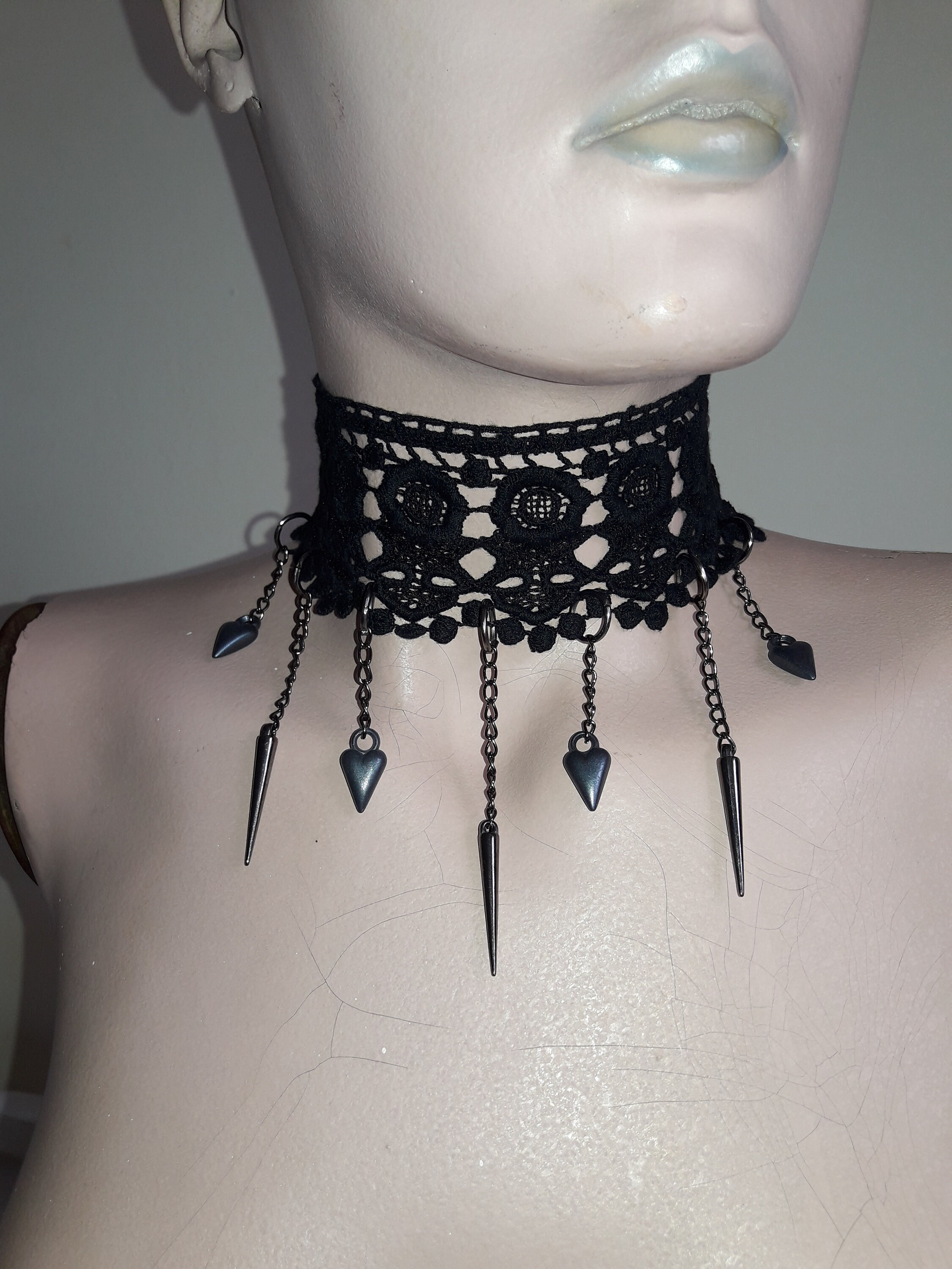 Black Gothic Choker Chain Choker Lace Necklace Collar Spike Choker ...