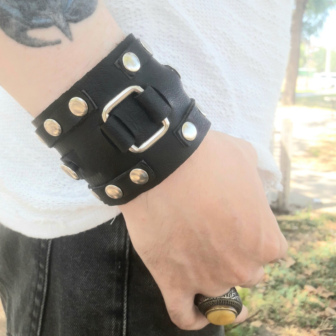 Leather Bracelet With for Men or Women, Wide Leather Wrist Cuff Bracelet, Black Wide Leather ...