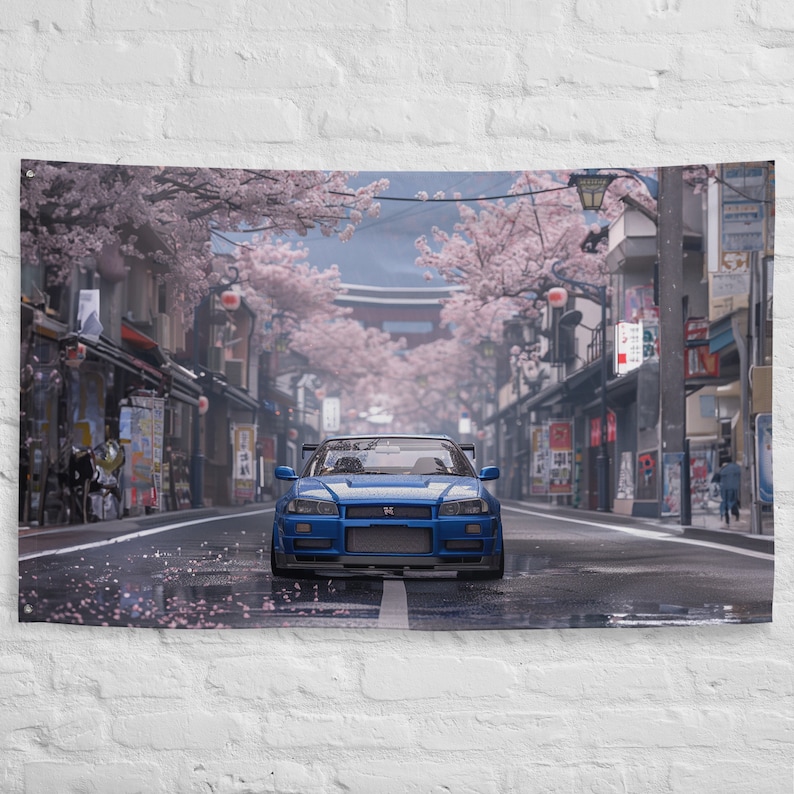 Blue Nissan R34 GTR Skyline Flag, JDM Car Enthusiast Decor, Racing Wall ...