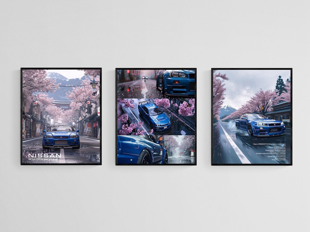 Blue Nissan R34 GTR Skyline Poster Set - 3 Photo Digital Download for ...