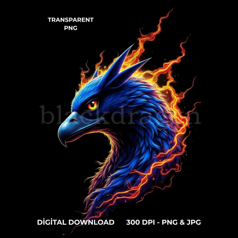 Fiery Blue Phoenix Design - Printable Firebird Digital Art (300 DPI ...