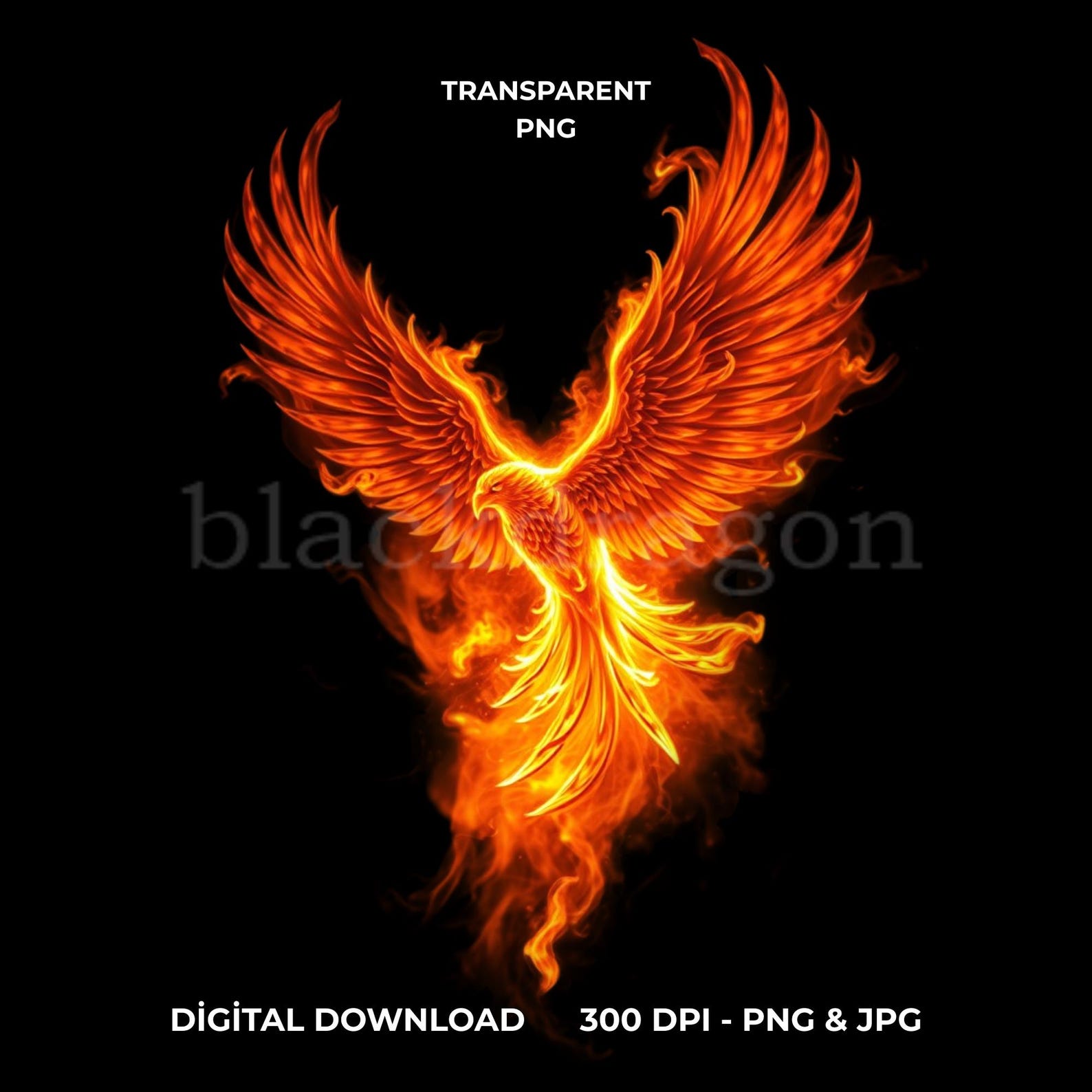 Fiery Phoenix Design - Printable Firebird Digital Art (300 DPI - PNG ...