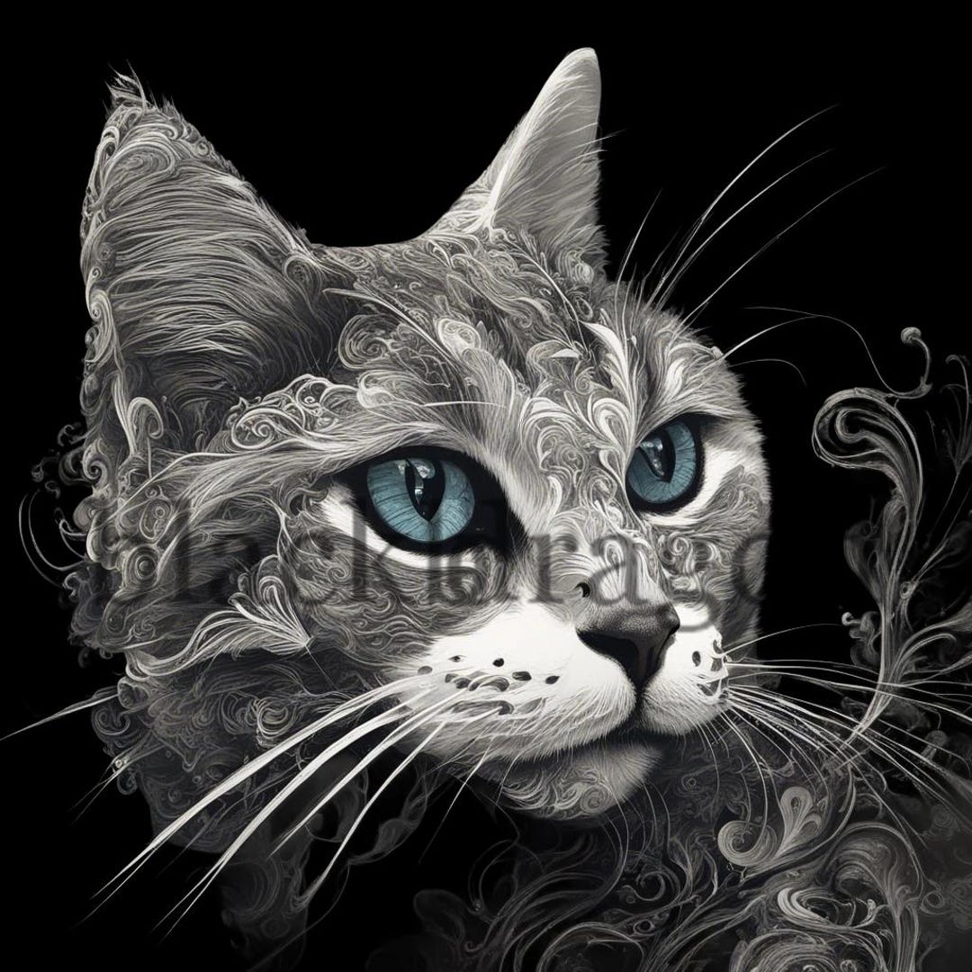 Artistic Swirl Cat Portrait - Digital Blue-eyed Cat Design for Gifts ...