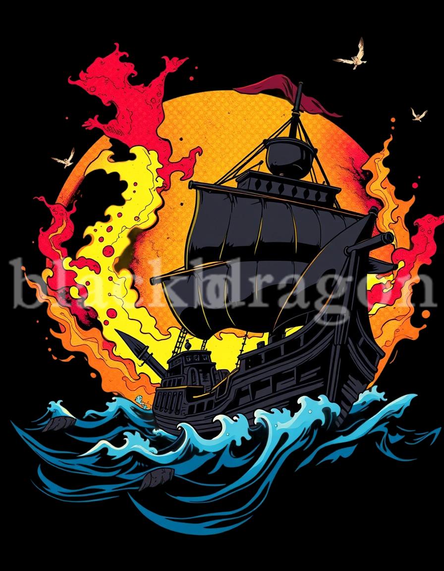 Flaming Pirate Ship Digital Art – Printable Dark Ocean Fantasy Design ...