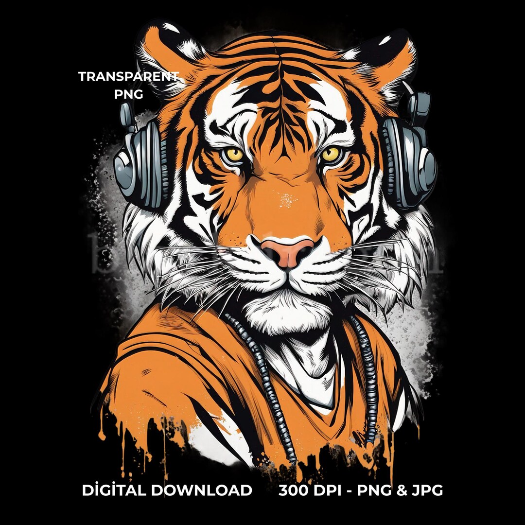 Hip Hop Tiger With Headphones Digital Art, Printable Animal Design (300 ...