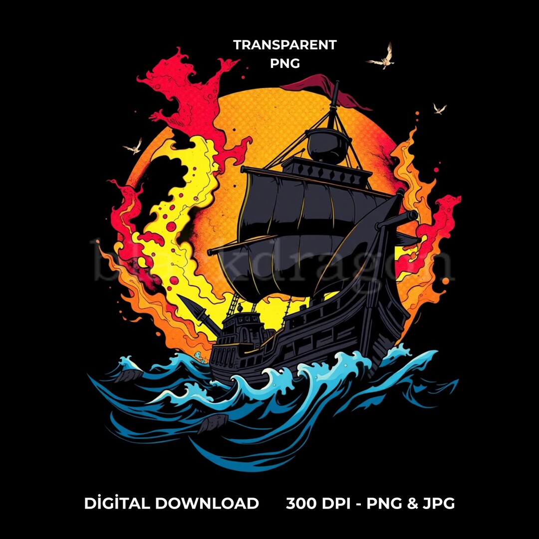 Flaming Pirate Ship Digital Art, Printable Dark Ocean Fantasy Design ...