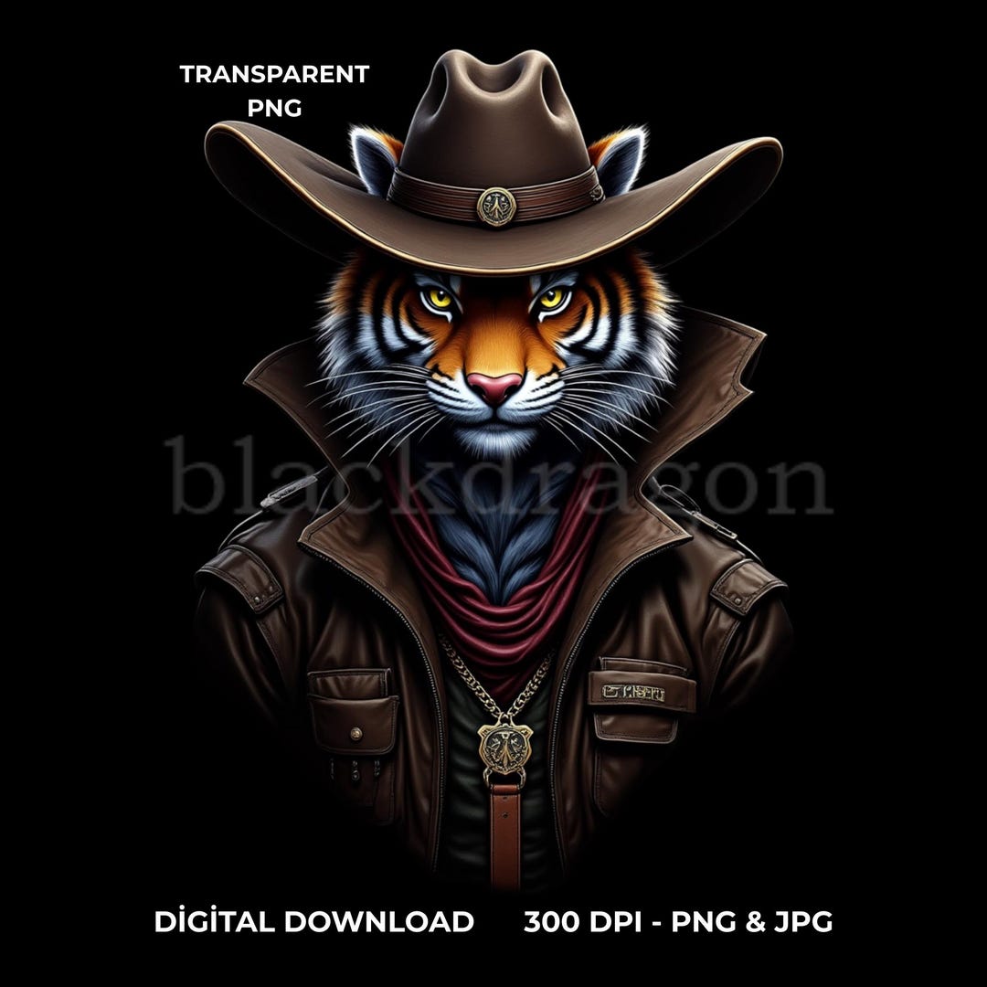 Bold Cowboy Tiger Design, Printable Wild West Portrait Digital Art (300 ...