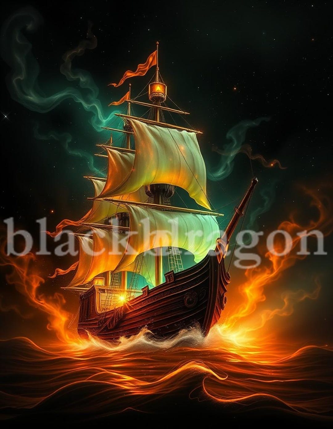 Flaming Pirate Ship Digital Art - Printable Fantasy Fire Ship Design ...