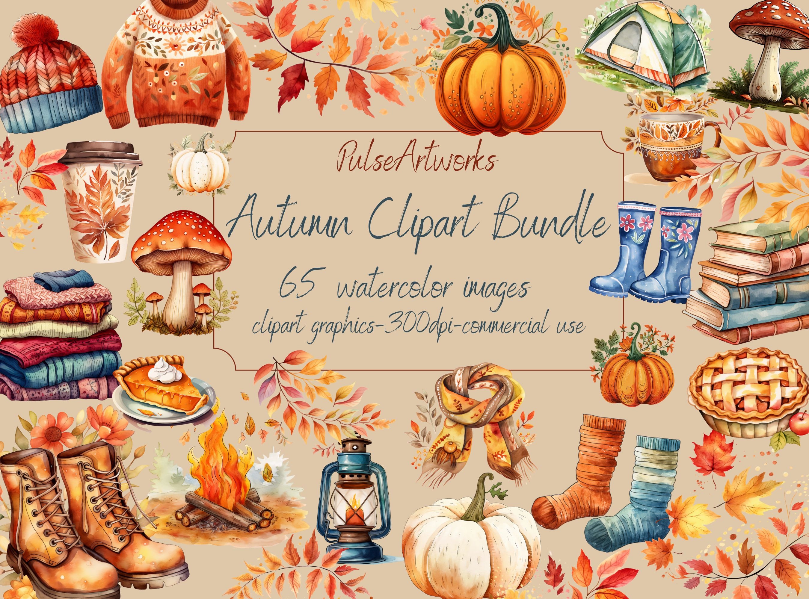 Watercolor Autumn Clipart Bundle PNG Autumn Clipart Fall - Etsy