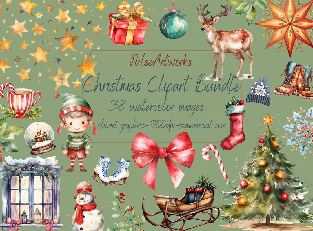 Christmas Clipart Bundle Watercolor PNG Christmas Scrapbooking - Etsy