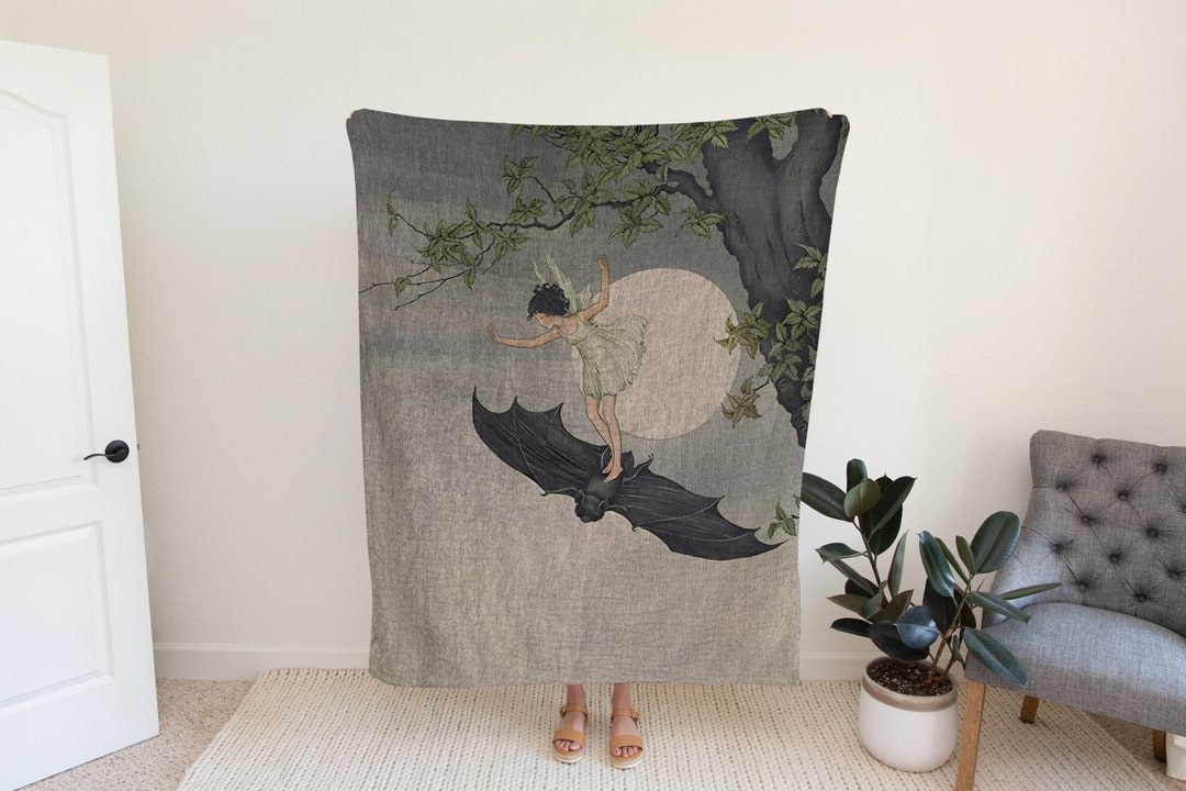 Fairy Riding Bat Sherpa Throw Blanket: Vintage Fairytale Woven Blanket ...