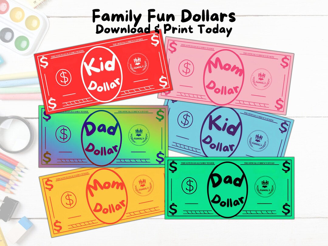 Kid Dollars 6 Colors Family Fun Money Reward Dollars Mom & Dad Dollars ...