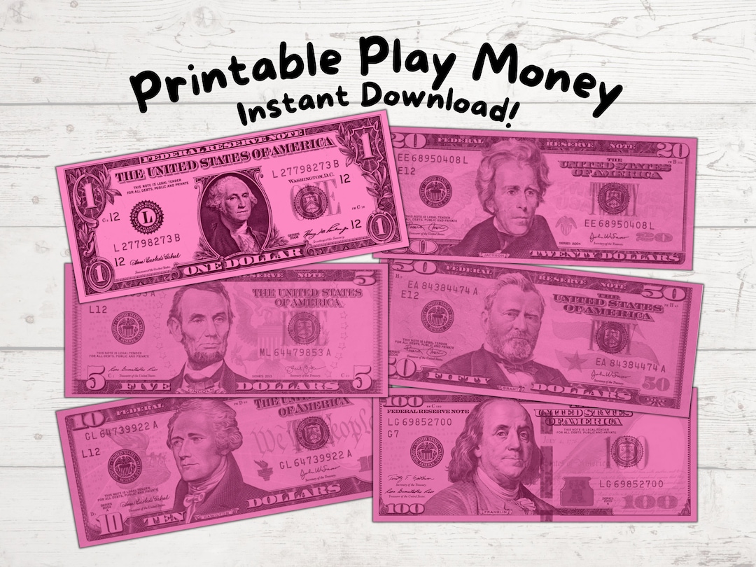 Pink Money Printable Pink Dollar Bills Play Money Fun Money Mini Pink ...