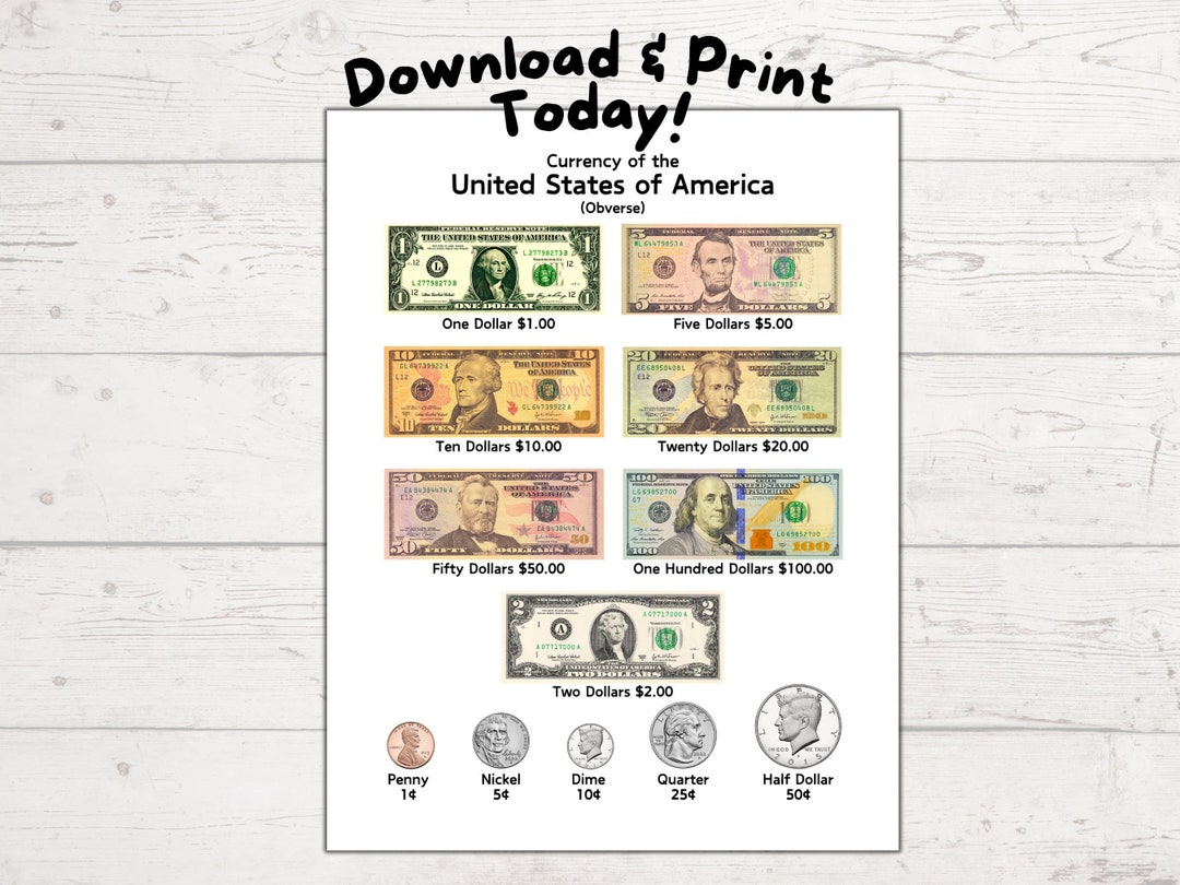 US Currency Educational Print Front & Back American Dollars Kid's Play ...