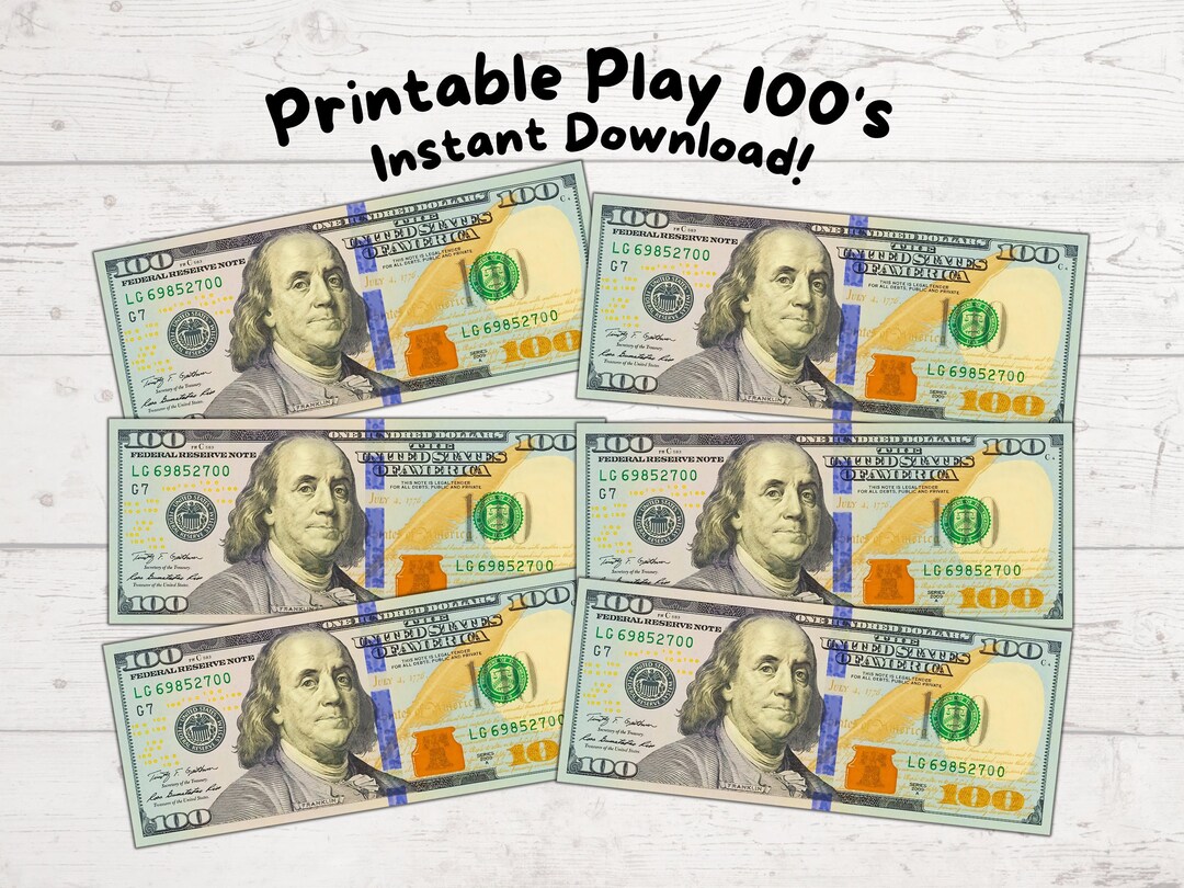 Printable 100 Dollar Bills Play Money Pretend Mini Hundred Dollar Bills ...