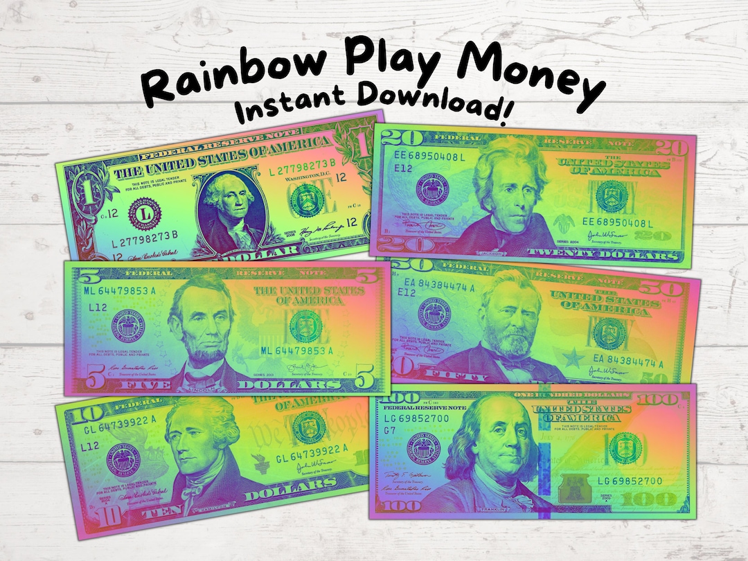 Printable Rainbow Dollar Bills Rainbow Money Play Money Rainbow Cash ...