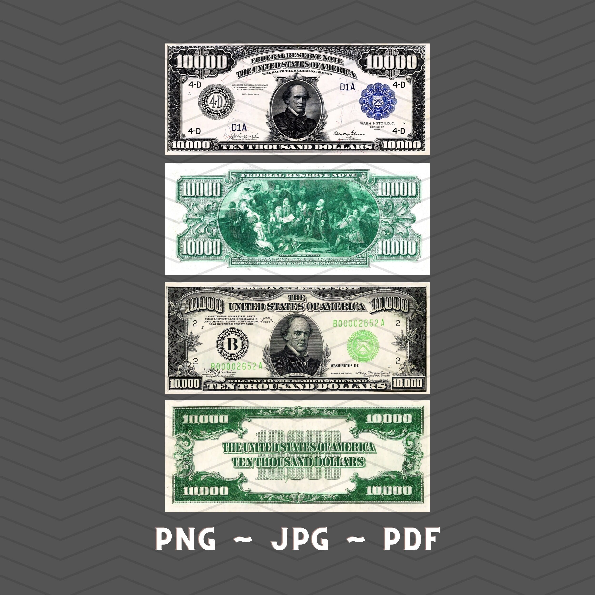 Historic Ten Thousand Dollar Bill Images Salmon P Chase 1918 1934 US ...