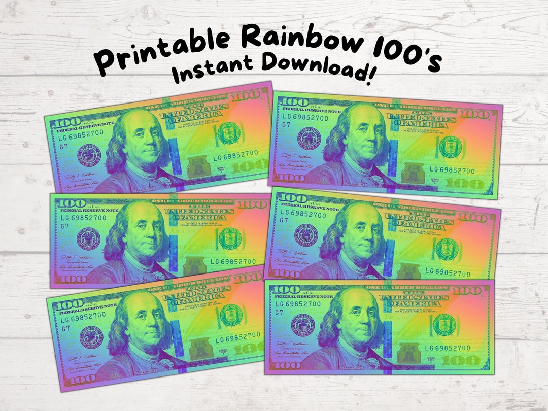 Printable Mini Rainbow 100 Dollar Bills Play Money Rainbow Hundred ...