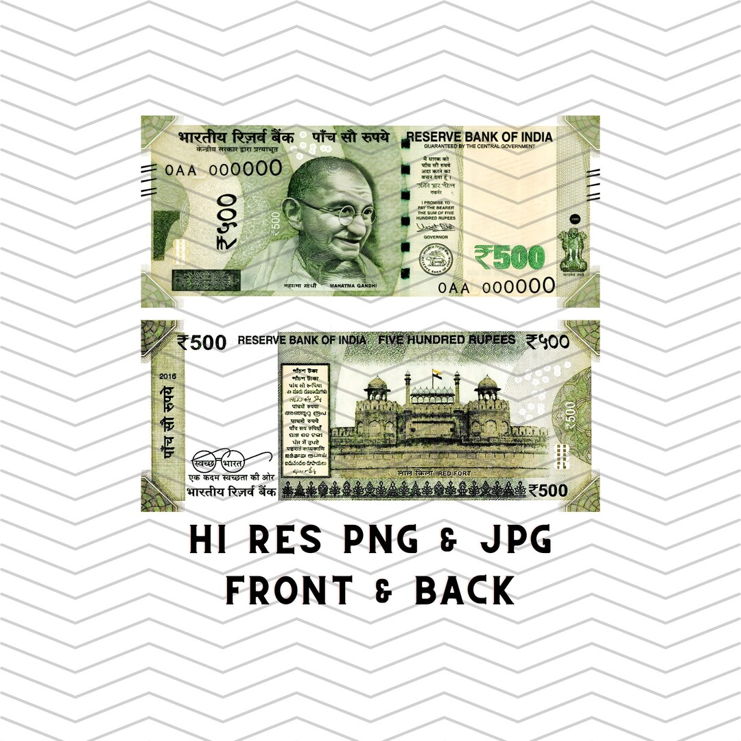 500 Rupee Indian Banknote PNG & JPG Files Bank of India Gandhi Five ...