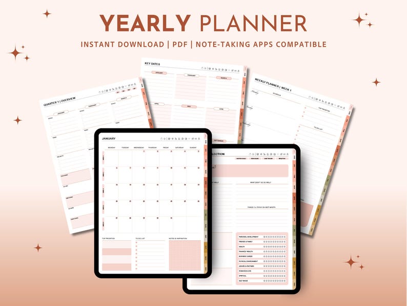 Yearly Digital Planner PDF Daily and Weekly Pages Goal Habit Trackers ...