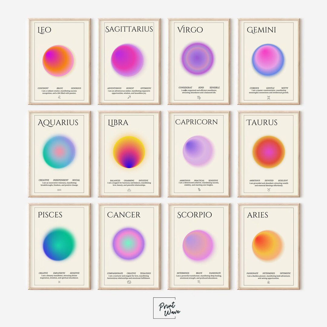 Zodiac Aura Posters Set of 12, Spiritual Poster, Grainy Gradient ...