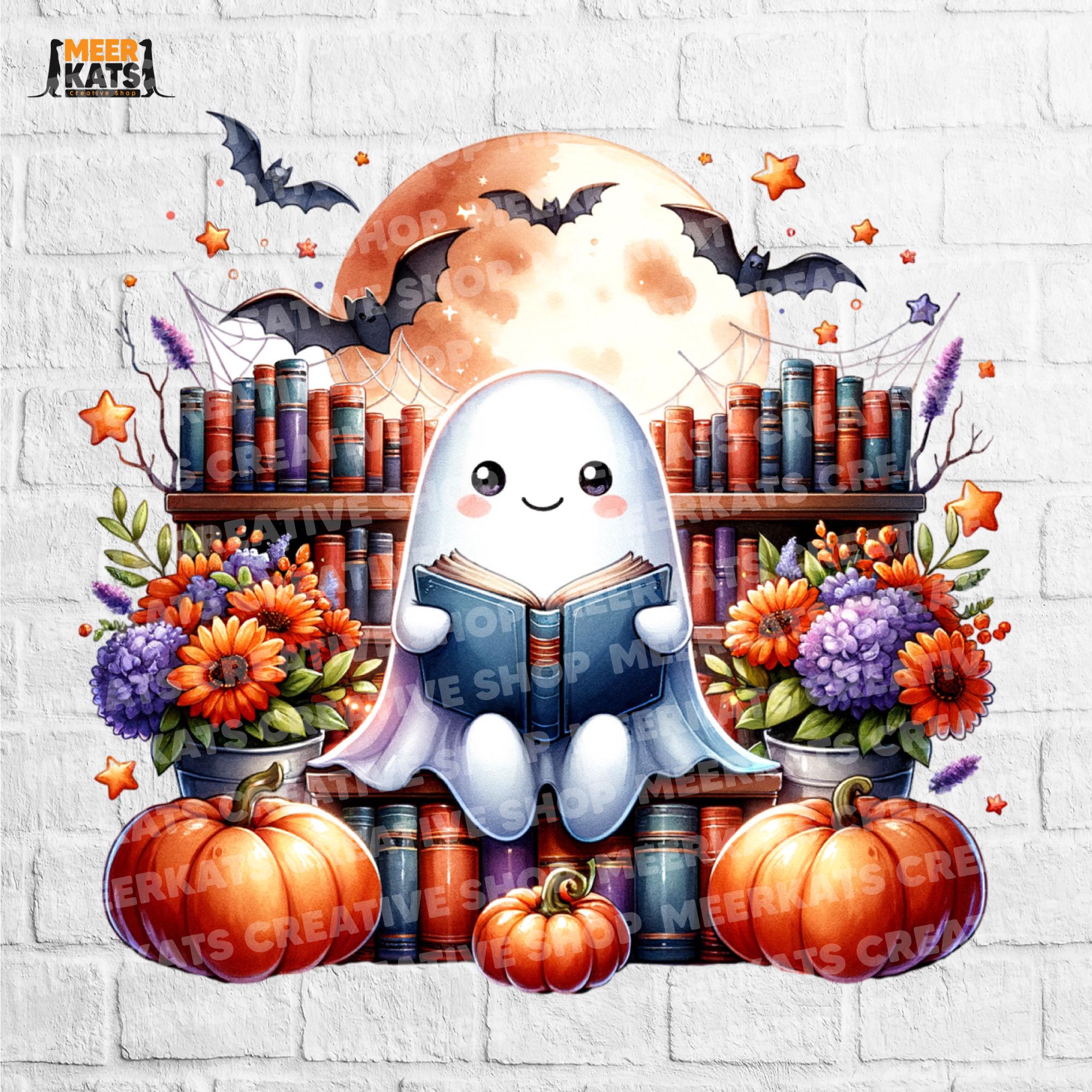 Cute Ghost Reading Book Png, Ghost Pumpkin Bookworm Png, Bookish Ghost ...