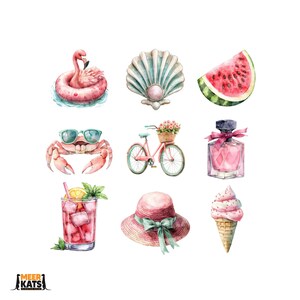 Summer Aesthetic PNG Clipart Set, Watercolor Flamingo, Watermelon, Crab ...