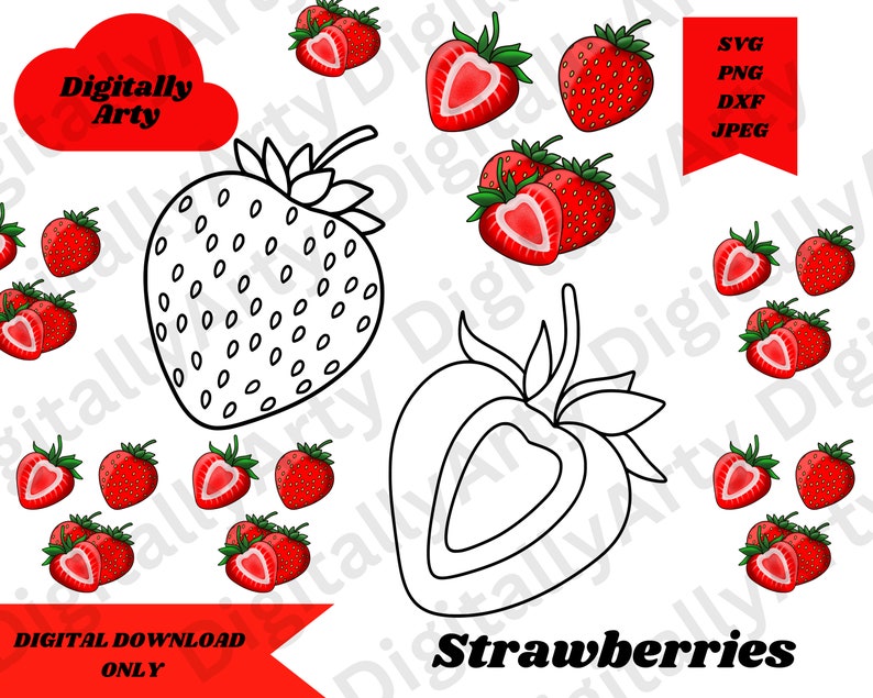 Fresas, fruta de fresa, SVG, PNG, JPEG, dxf, Descarga digital, Descarga ...