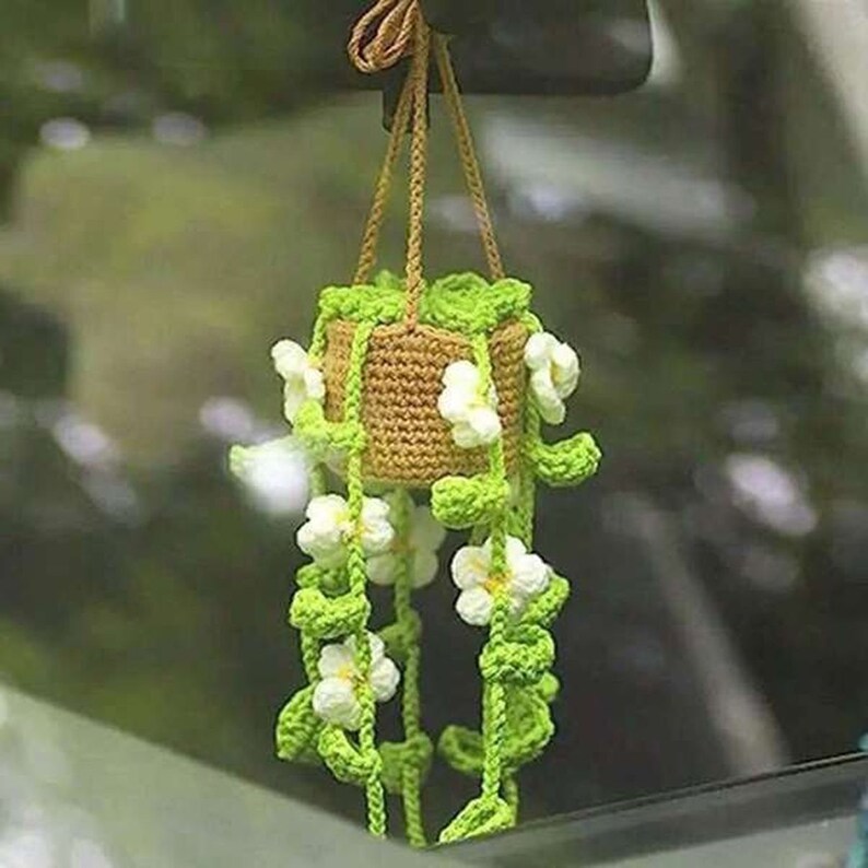 Cute Woven Plants Crochet Rear View Mirror Accessories, Crochet Flower ...