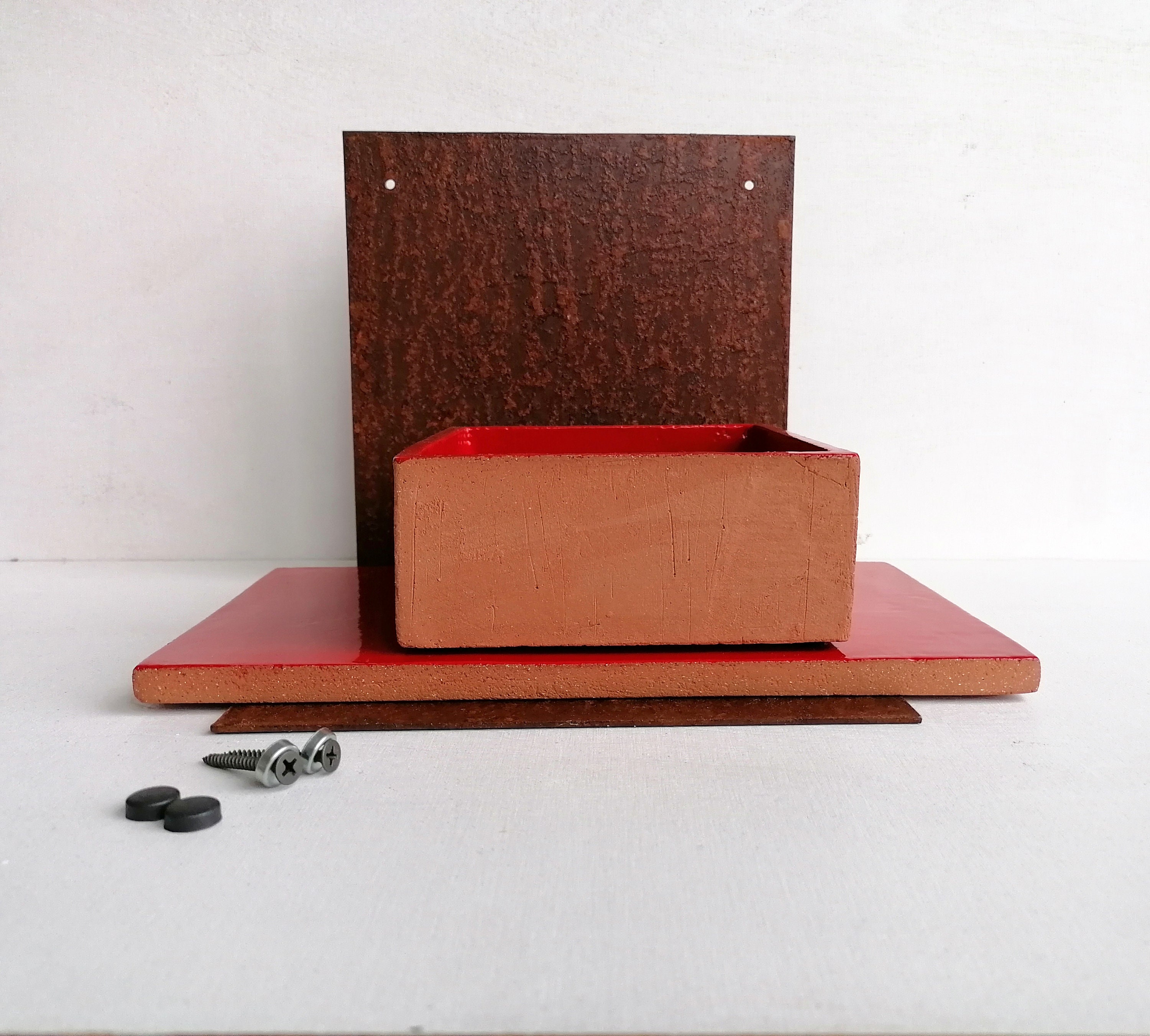 Metal Wall Shelf, Rusted With Varnish With Ceramic Tile and Ceramic Pot ...