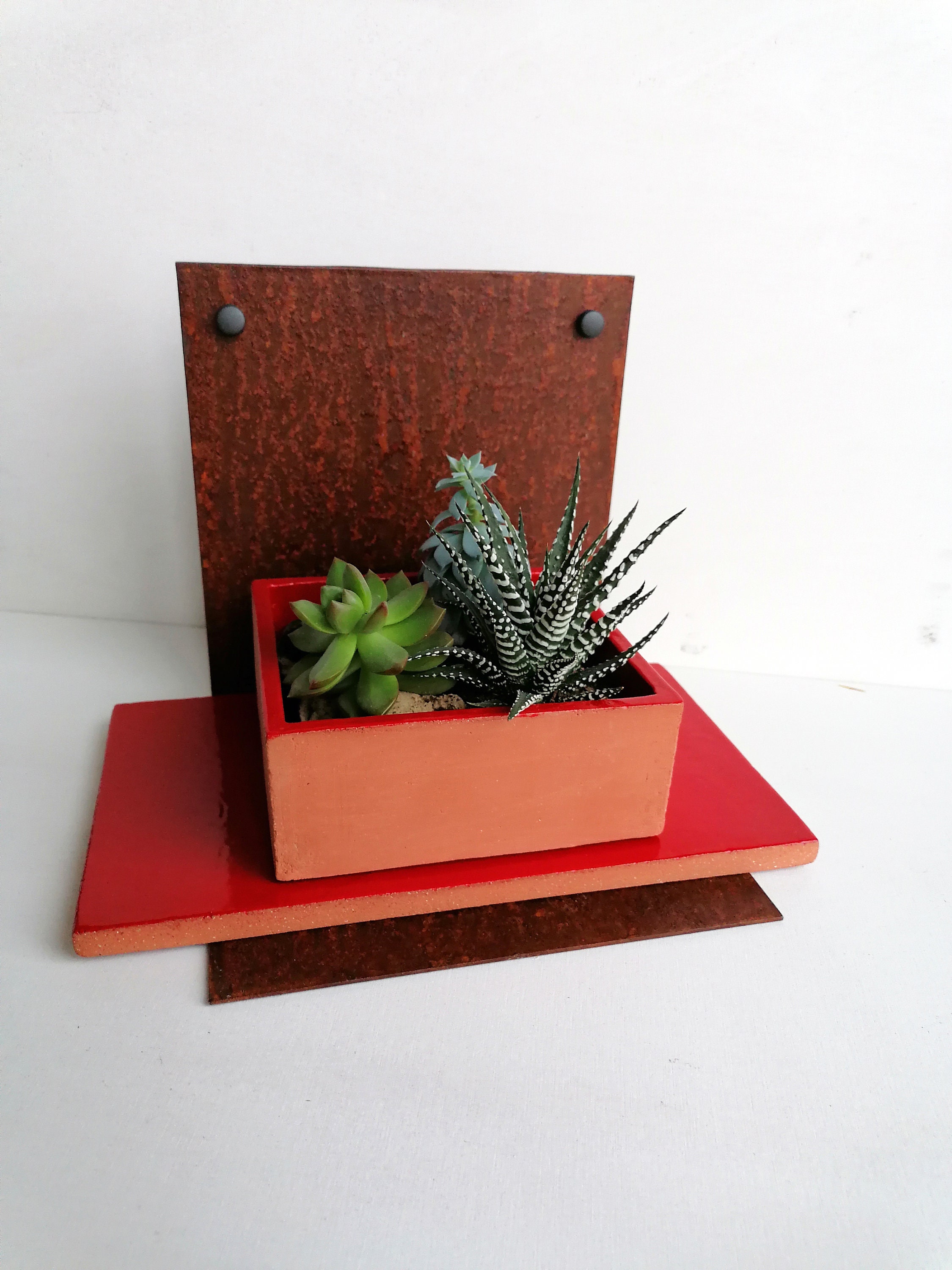 Metal Wall Shelf, Rusted With Varnish With Ceramic Tile and Ceramic Pot ...
