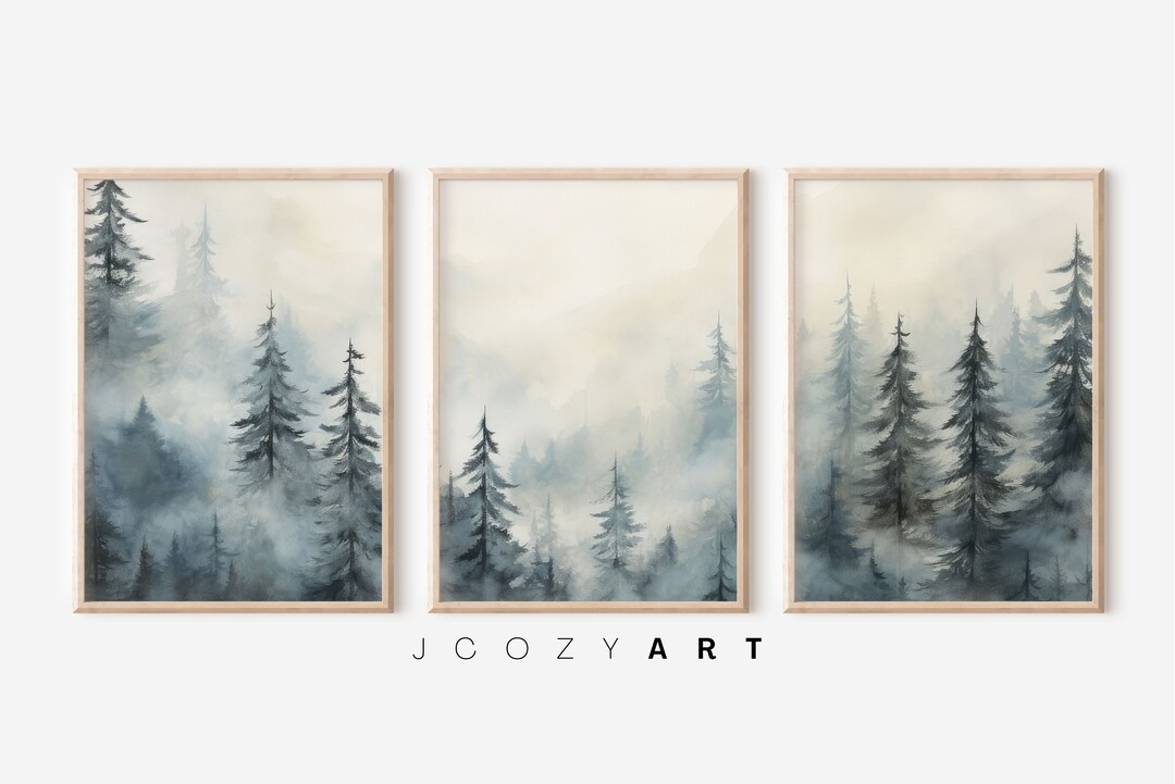 Firs Tryptic Wall Art Foggy Forest Wall Decor for Living Room Fir Trees ...