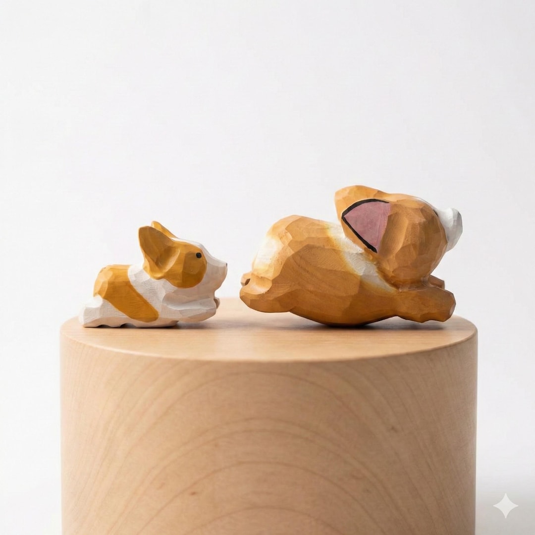 Hand Carved Corgi Figurine, Wooden Dog Statue, Cute Puppy Sculpture ...