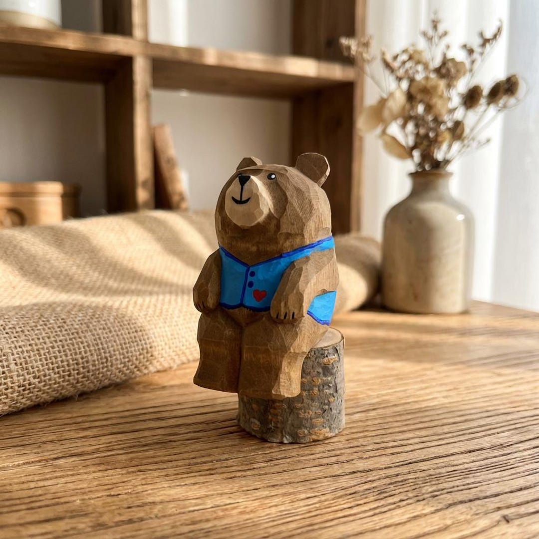 Hand Carved Wooden Bear Figurine, Cute Animal Wood Carving With Blue ...