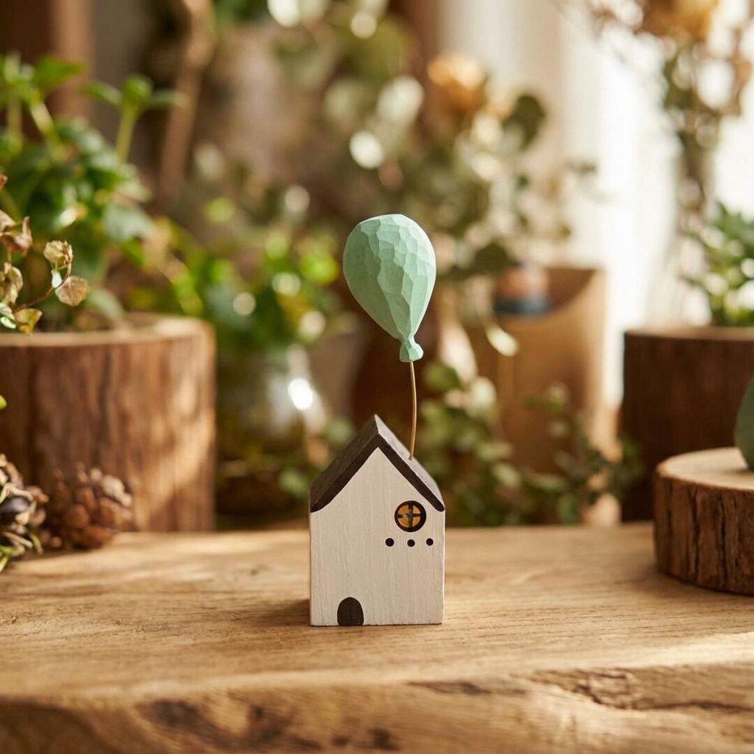 Hand Carved Wood Balloon House, Whimsical Miniature Cottage, Cute Zakka ...