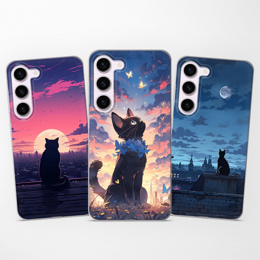 Cute Cat Anime Painting Phone Case Fits Samsung S25 S24 Ultra S23 S22 ...
