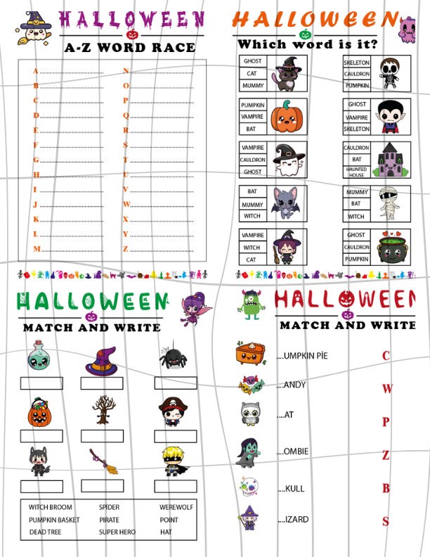 Educational Halloween Themed Printable Word Race and Match and Write ...