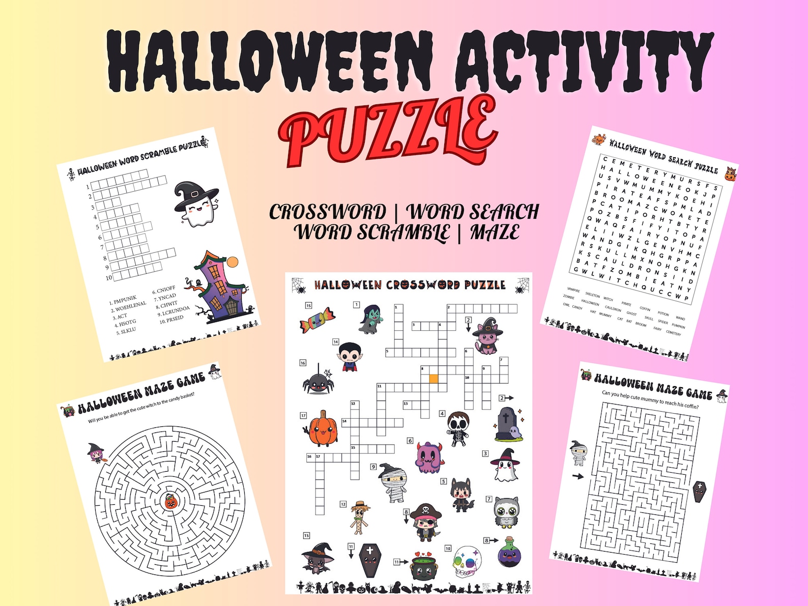 Halloween Crossword Puzzle Set, Educational Activity for Kids and ...