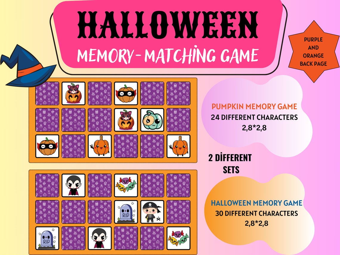 Halloween Themed Printable Memory Matching Games, Pumpkin and Halloween ...