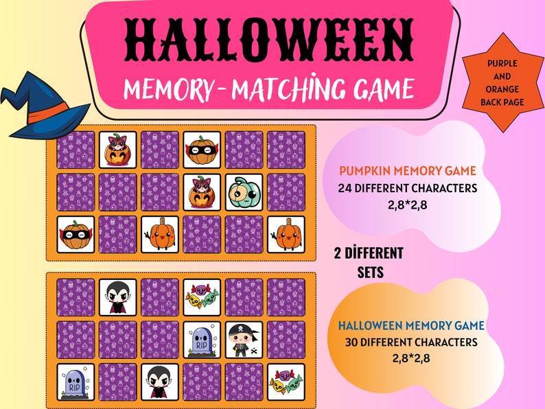 Halloween Themed Printable Memory Matching Games, Pumpkin and Halloween ...
