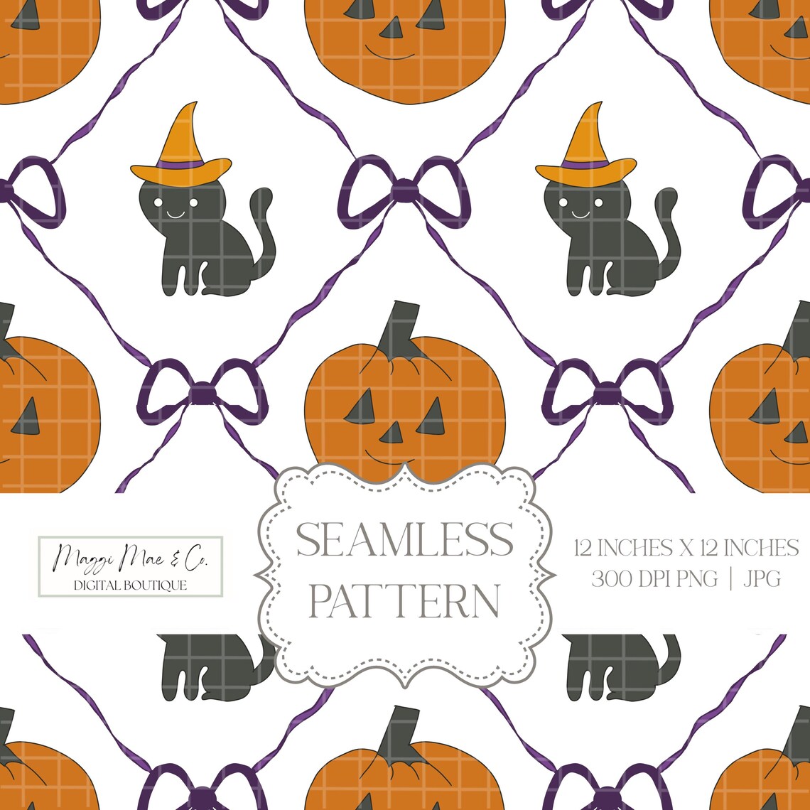 Kawaii Halloween Digital Paper Seamless Pattern: Cat, Pumpkin, Bow (PNG ...