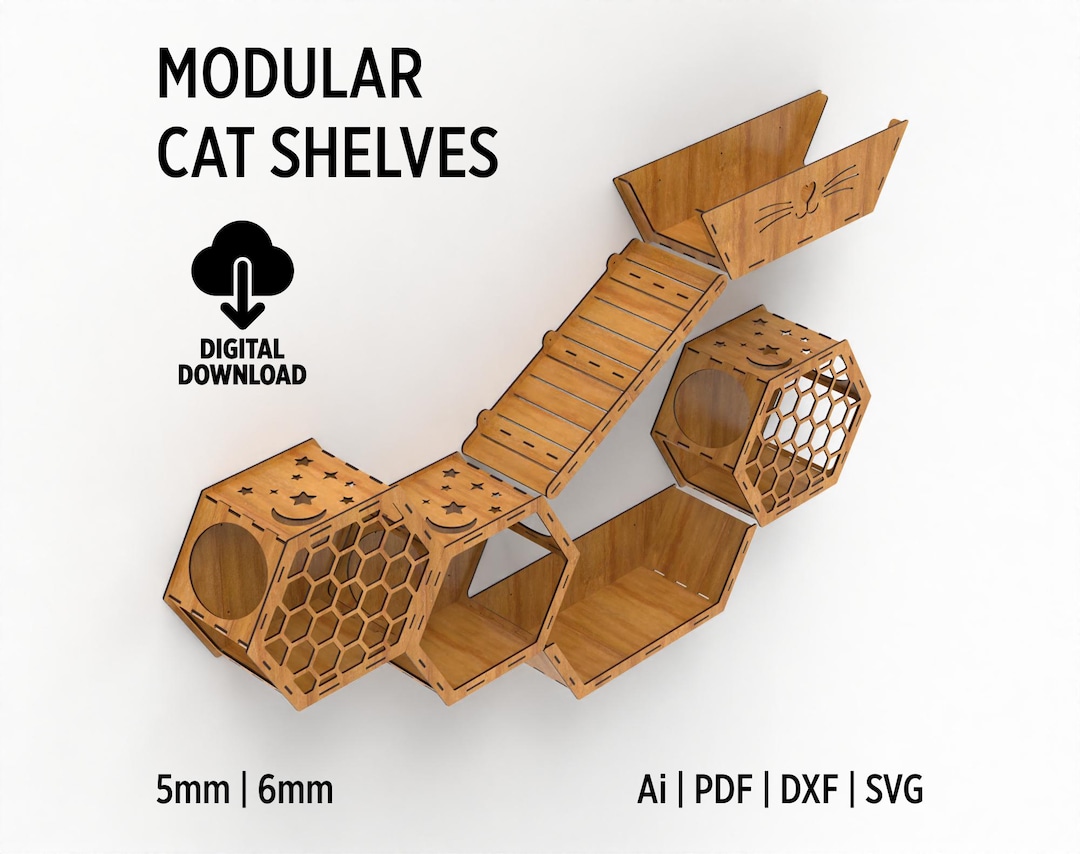 Modular Cat Wall Shelves, Cat Wall Trees SVG and Dxf Cutting Files for ...