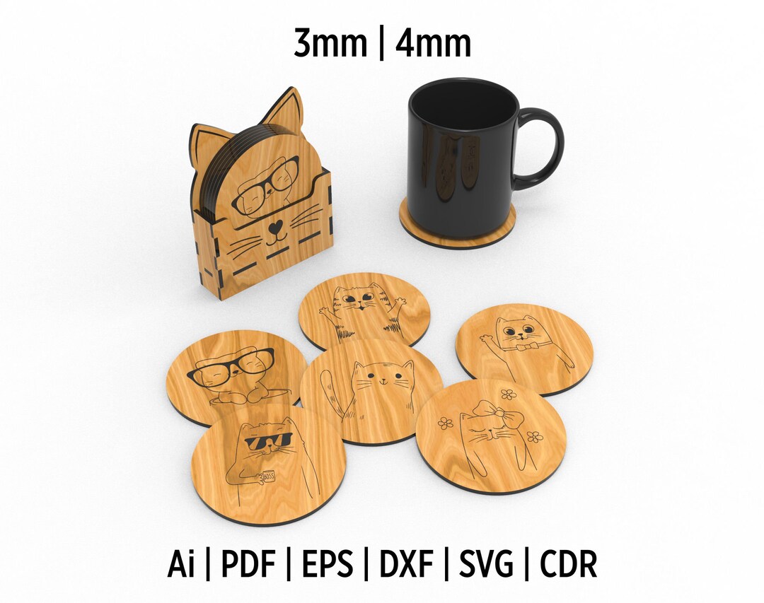 Cute Cat Designed Glass Coaster Svg Dxf and Other Drawing Files for ...