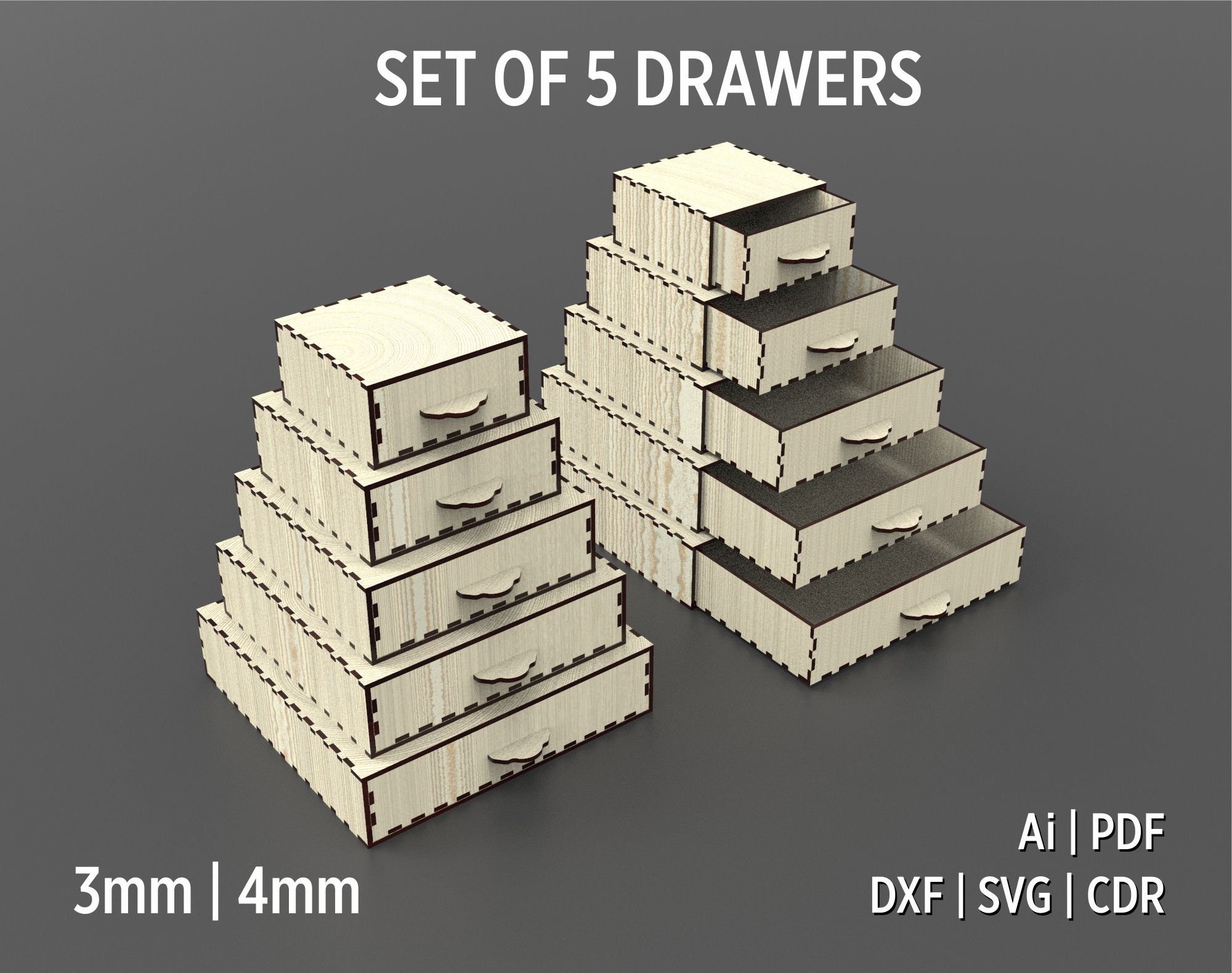 5 Different Size Drawers Set Vectorel Files for Laser Cut, Svg, Dxf, Ai ...