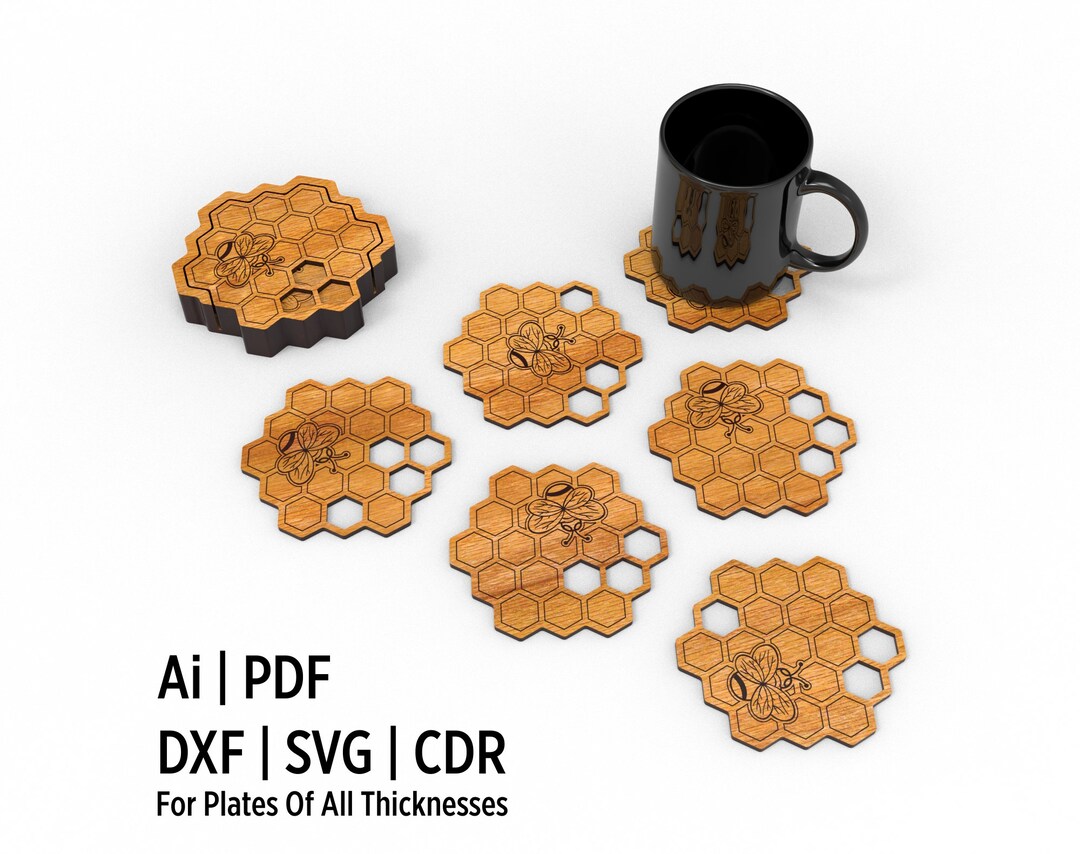 Honeycomb Coasters With Holder Svg File, Laser Cut Coasters Set of 6 ...