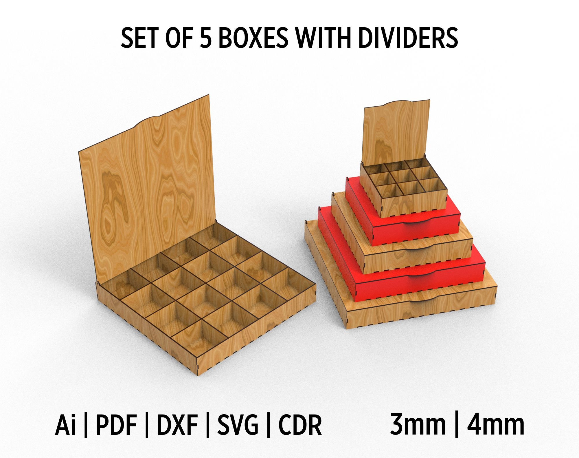 Set of 5 Boxes With Flip up Lid and Dividers for Laser Cut, Dxf Svg ...