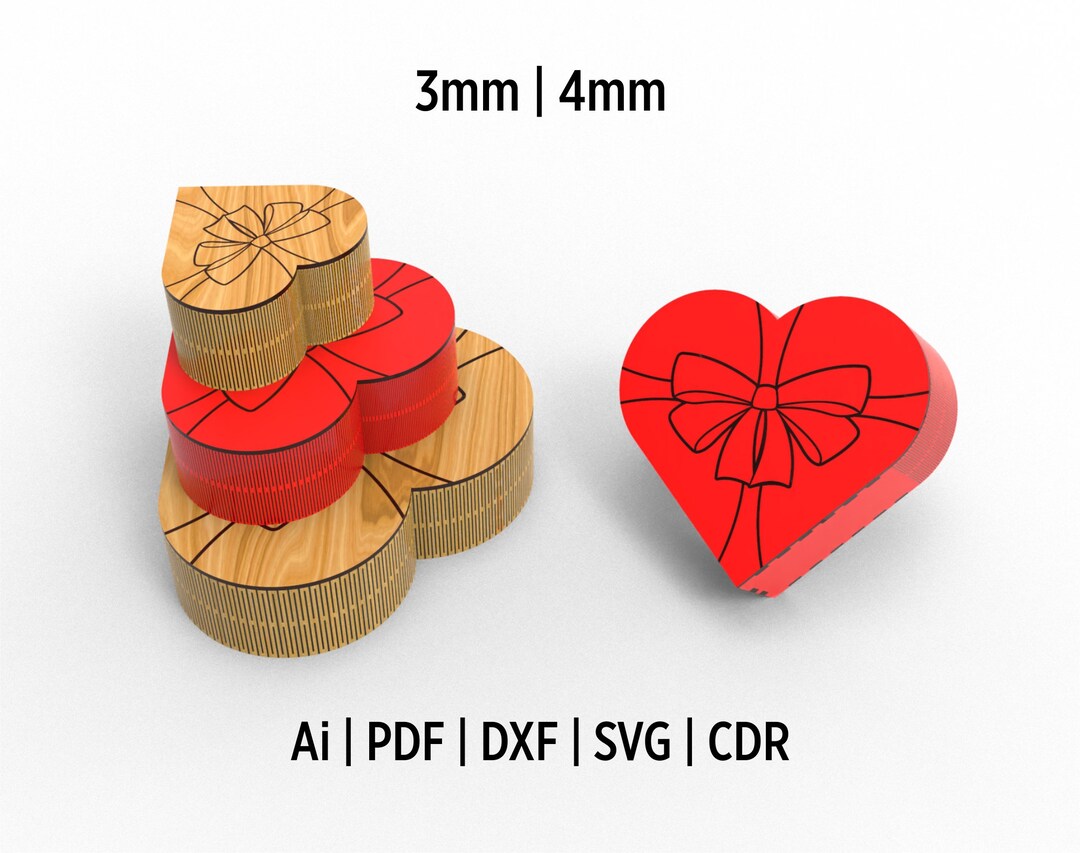 In 3 Different Sizes Heart Shaped Laser Cut Gift Box Drawing Svg Dxf ...