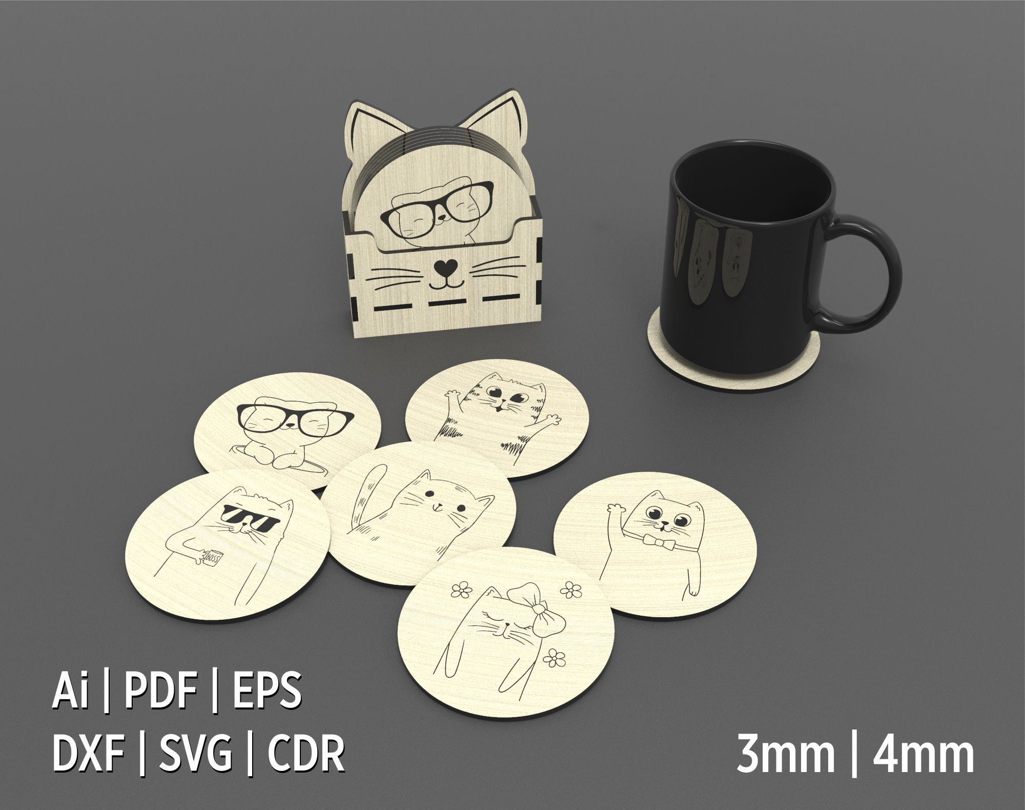 Cute Cat Designed Glass Coaster Svg Dxf and Other Drawing - Etsy
